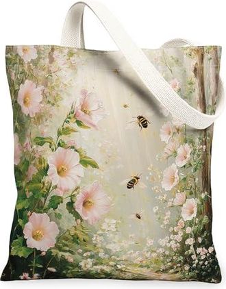 Generic Sac fourre-tout en toile de rose tr&eacute;mi&egrave;re de printemps pour faire du shopping 33 x 38,1 cm, sac d&eacute;picerie r&eacute;utilisable pour femme, peinture de voyage 