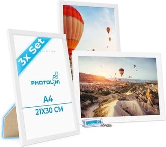 Photolini Cadre A4 21 x 30 bois MDF blanc, lot de 3 cadres photo pour posters et affiches, verre acrylique incassable, d&eacute;coration murale &agrave; suspendre & &agrave; poser, 