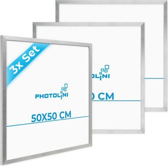 Photolini Bilderrahmen 50x50 Silber MDF-Holz, 3er Set Poster-Rahmen, bruchsicheres Acrylglas, zum Aufhängen, extra Zubehör - für Fotos & Poster