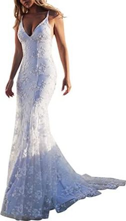 Onsoyours Maxi Robe Femme Boho Robe sans Manche Dentelle Col V &Eacute;l&eacute;gant Robe de Soiree Blanc Cocktail Robe F Blanc XL