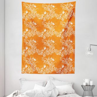 Abakuhaus Orange Wandteppich, Blühende Frühlings, Wohnzimmer Schlafzimmer Wandtuch Seidiges Satin Wandteppich, 150 x 200 cm, Orange Weiss
