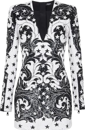 Balmain Besticktes kurzes Kleid mit Paisley- und Sternmuster - - Dresses - Damen - Wei&szlig; - M