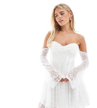 Tfnc Petite Robe corset courte de mariée avec manches en dentelle - Blanc