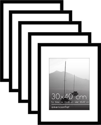 Americanflat 30x40 cm Bilderrahmen Schwarz Set - für 22x28 cm mit Passepartout und 30x40 cm ohne Passepartout - Set mit 5 Rahmen mit Widerstandsfähiges Acryl und S