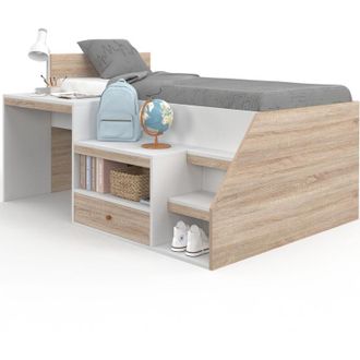 IDMarket Lit combin&eacute; avec sommier, bureau et rangement LEOPOLD 90 x 190 cm h&ecirc;tre et blanc