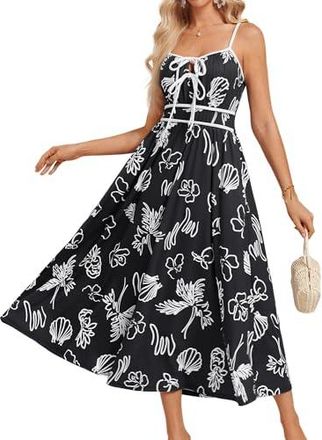 Grace Karin Robe dété décontractée pour femme - Coupe trapèze - Col en V - Longue robe florale - Sans manches - Robe bohème à bretelles spaghetti - Robe de plage 