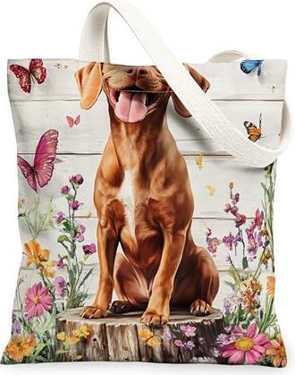 Generic Spring Vizsla Sac fourre-tout en toile pour faire du shopping 33 x 38,1 cm, motif souche de bois floral, sac d&eacute;picerie r&eacute;utilisable pour femme, peintu