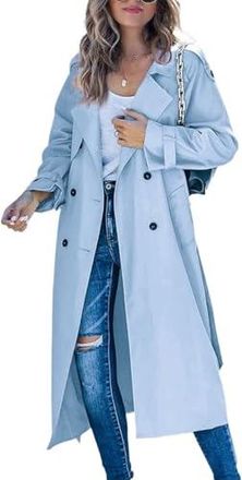Generic Trench Long for femmes, pardessus d&eacute;contract&eacute; de couleur unie for lautomne et lhiver avec col &agrave; revers et manches longues(Sky-blue,4XL)