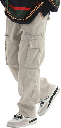 OLIPHEE Cargohose Herren Lang Outdoor Cargo Hose Herren Herbst mit Taschen und Gummizug Bund Loose Freizeithose Outdoorhose Wanderhose Vintage Pants Hellgrau 
