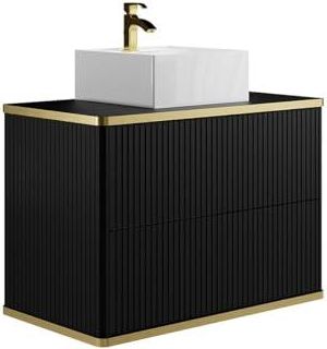 Vente-Unique Meuble de Salle de Bain Suspendu stri&eacute; liser&eacute; dor&eacute; avec Vasque &agrave; Poser carr&eacute;e - Noir - 80 cm - KELIZA
