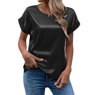 Generic Chemisier en satin de soie pour femme, col rond, manches courtes, tenue d&eacute;contract&eacute;e, haut &agrave; manches courtes, t-shirt &agrave; col rond, Noir, XXL
