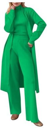 Generic Printemps Automne 3 Pièces Femmes Cardigan Survêtements Pantalon Tricoté Ensemble Pull Costume Mode Ensemble 3 Pièces (Green, One Size)