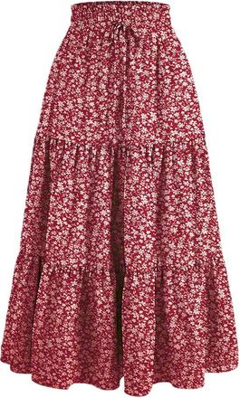 Onsoyours Rock Damen Hohe Taille Elastisch Blumen R&ouml;cke A-Linie Maxirock Boho Strandrock Sommerrock A Rot M