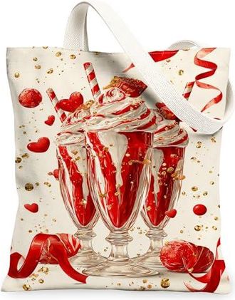 Generic Sac fourre-tout en toile r&eacute;utilisable pour la Saint-Valentin, motif friandises sucr&eacute;es r&eacute;tro, sacs d&eacute;picerie l&eacute;gers, lavables, Rouge, 13x15 Inch