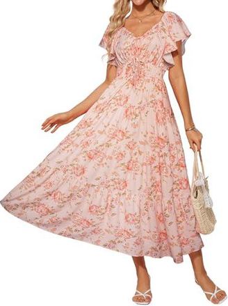 Grace Karin Robe longue élégante pour femme avec manches à volants, col en V, coupe trapèze, robe dété, avec poches, Motif fleurs - Rose, XXL