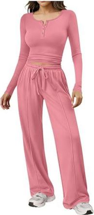 Generic Ensemble de 2 pi&egrave;ces pour femme avec haut en tricot &agrave; manches longues et pantalon long &agrave; jambe large, rose, XXL