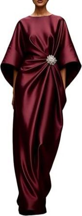 Generic Robe longue en satin &agrave; col rond et manches chauve-souris pour femme - Col rond - Taille torsad&eacute;e - &Eacute;l&eacute;gante robe de soir&eacute;e formelle, Rouge, XXL