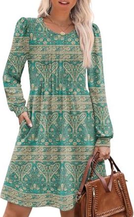 Generic Mini robe gaufr&eacute;e de style boh&egrave;me &agrave; manches longues et col rond - Robe d&eacute;contract&eacute;e fluide avec poches lat&eacute;rales - Douce et extensible - Confortable -