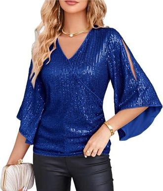 Grace Karin Haut &Eacute;l&eacute;gant &agrave; Paillettes pour F&ecirc;te, Soir&eacute;e Tunique Ajust&eacute;e &agrave; Sequins Brillants pour Femme Top Paillett&eacute; &agrave; Manches 3/4 Col en V XL Bleu