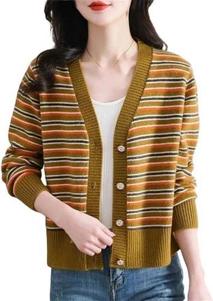 Generic Cardigan en tricot &agrave; manches longues pour femme Motif patchwork ray&eacute; Col en V Style vintage, Jaune, XXL