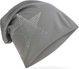 Miobo Jersey Slouch Beanie Long M&uuml;tze Stern mit Strass Applikation Unisex Unifarbe Herren Damen Trend, Grau, Einheitsgr&ouml;&szlig;e