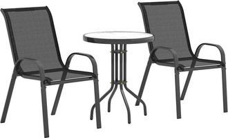 OUTSUNNY Ensemble bistro de jardin 3 pi&egrave;ces - 2 chaises, table ronde plateau verre - acier textil&egrave;ne noir