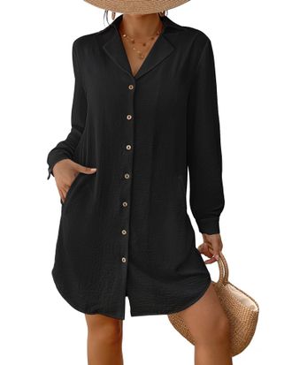 Bsubseach Badeanzug Coverup f&uuml;r Frauen Lange &Auml;rmel Badeanzug Bluse Button Down Shirt Kleid Strand Urlaub Kleidung Schwarz XXL