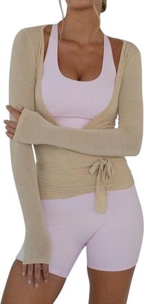 ORANDESIGNE Damen Tanztops Y2K Ballett Wrap Top Pilates Langarm Kurzarm Tiefer V-Ausschnitt Slim Fit Yoga Oberteil Wickelshirt A Aprikose L