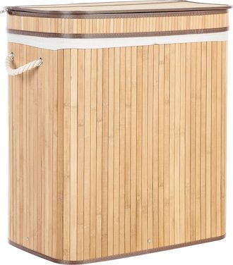 Beliani W&auml;schekorb Bambusholz hellbraun handgemacht mit Deckel 2 Kammern Sack Kalthota