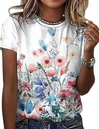 Onsoyours T-Shirt Col Rond Hauts à Manches Courtes pour Femmes Fleur Imprimé Tunique Tops Lâche Chemisier Tee Basiques Sport Haut Été A Multicolore XXL