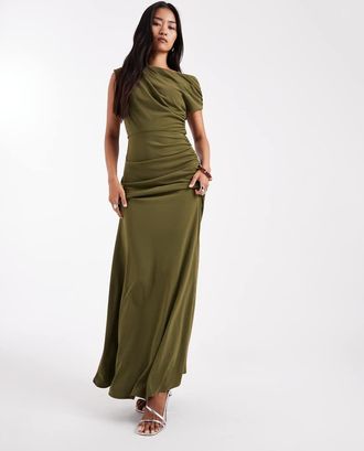 Six Stories Robe longue asymétrique extensible de demoiselle dhonneur à détail aux épaules et fronces - Vert