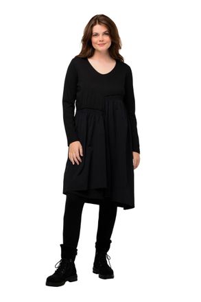 Ulla Popken Damen Flared Dress with Asymetric Woven Part Kleid, schwarz, 46-48