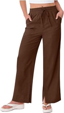 Generic Palazzo Pantalon d&eacute;t&eacute; long en lin pour femme - Taille haute - Pantalon de loisirs - Pantalon en coton et lin - &Eacute;l&eacute;gant - Pantalon d&eacute;t&eacute; l&eacute;ger et a&eacute;r&eacute; -