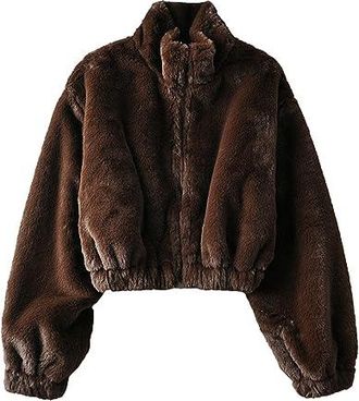 Generic Vestes dautomne et dhiver pour femme, couleur unie, courte, ample, fermeture &eacute;clair, cardigan, marron, S