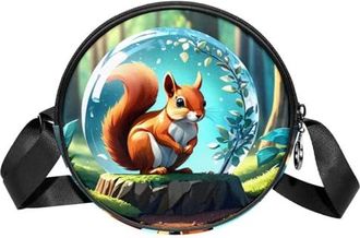 Generic Sac &agrave; bandouli&egrave;re rond rond pour femme, petit sac &agrave; bandouli&egrave;re avec fermeture &eacute;clair et bretelles r&eacute;glables, motif &eacute;cureuil, boule de cristal