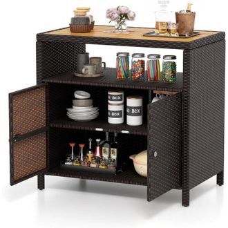 Costway Costway - Armoire de Rangement Exterieur en Rotin, Armoire de Jardin avec Plateau en Bois dAcacia Compartiment Ouvert Buffet à 2 Portes