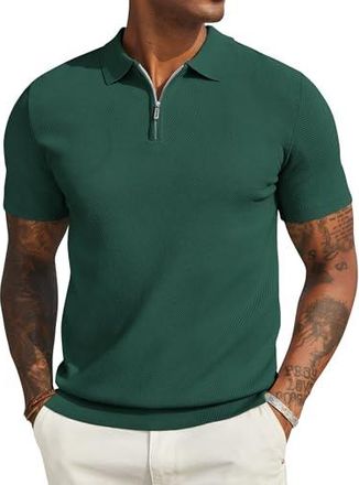 Coofandy Polo Homme Manches Courtes Fermeture &Eacute;clair Tricoter Polo T Shirt Homme Extensible Fermeture &Eacute;clair en Tricot Golf T Shirts Vert Dunkel XL