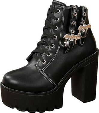 Generic Bottes &agrave; talon &eacute;pais pour femme - &Eacute;l&eacute;gantes et confortables - Chaussures &agrave; lacets - Couleur unie - Semelle &eacute;paisse - Boucle classique - Fermeture &eacute;cla