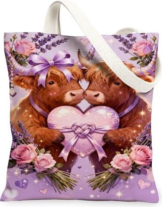 Generic Sacs fourre-tout en toile pour b&eacute;tail, motif coeur floral, sacs d&eacute;picerie, sacs d&eacute;picerie, sacs d&eacute;picerie r&eacute;utilisables, l&eacute;gers et lavables, Violet, 1