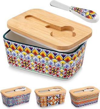 VANCASSO Beurrier en Porcelaine Boh&egrave;me - 16,5cm Bo&icirc;te &agrave; Beurre avec Couvercle en Bois et Couteau &agrave; Beurre Inclus - Compatible Lave-Vaisselle - Pour Tous Beurre