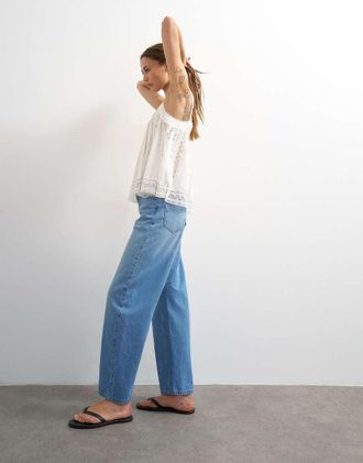 Topshop Barrel - Jean &agrave; taille mi-haute - Bleu d&eacute;lav&eacute;