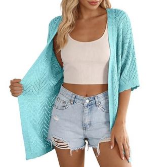 Generic Robe boh&egrave;me &eacute;l&eacute;gante &agrave; manches courtes pour femme, kimono en tricot l&eacute;ger, bleu clair, XS