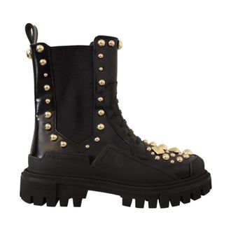 Dolce & Gabbana Studded Leder Stiefeletten mit Stickerei - - Shoes - Damen - Schwarzk - 35 1/2 EU