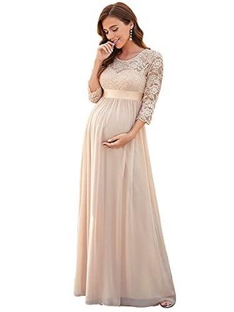 Ever-pretty Robe de Grossesse Shooting Photo Longue Dentelle Femme Pliss&eacute; Manches 3/4 Col Rond A Line Chic Nude 40