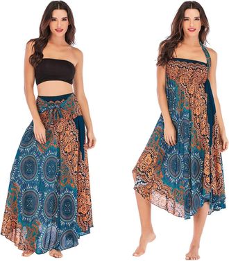 Feoya Damen Sommer Maxirock Lang - Boho Blumen Strandrock Strandkleid