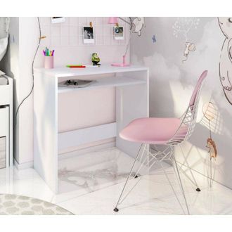 Dmora Schreibtisch Portland, Linearer Schreibtisch mit festem Regal, Arbeits- oder Bürotisch für pc, 79x43x78 cm, Weiß - Dmora