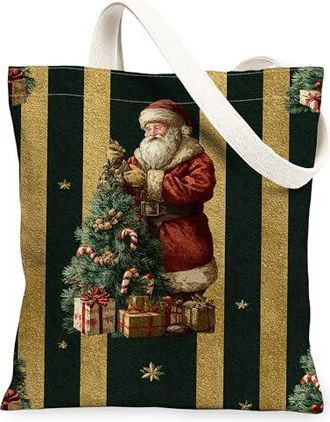 Generic Sacs fourre-tout en toile de No&euml;l, motif P&egrave;re No&euml;l vintage, sacs de courses r&eacute;utilisables, sacs de courses festifs, l&eacute;gers et lavables &agrave; bandouli&egrave;re p