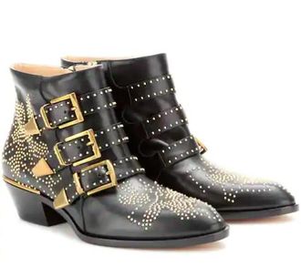 Chlo&eacute; Black Leather Susanna Gold-Tone Studded Ankle Boots Size 37