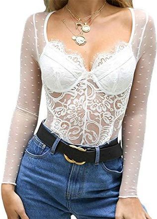 Minetom Femmes Dentelle Bodys Tops &agrave; Manches Longues Combinaison Dos Nu Bodysuit Grandes Tailles B Blanc 34