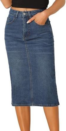 Allegra K Jupe en Jean Décontractée Femmes Jupe en Denim Délavé Taille Haute Extensible Jupe Mi-Longue Vintage Bleu S